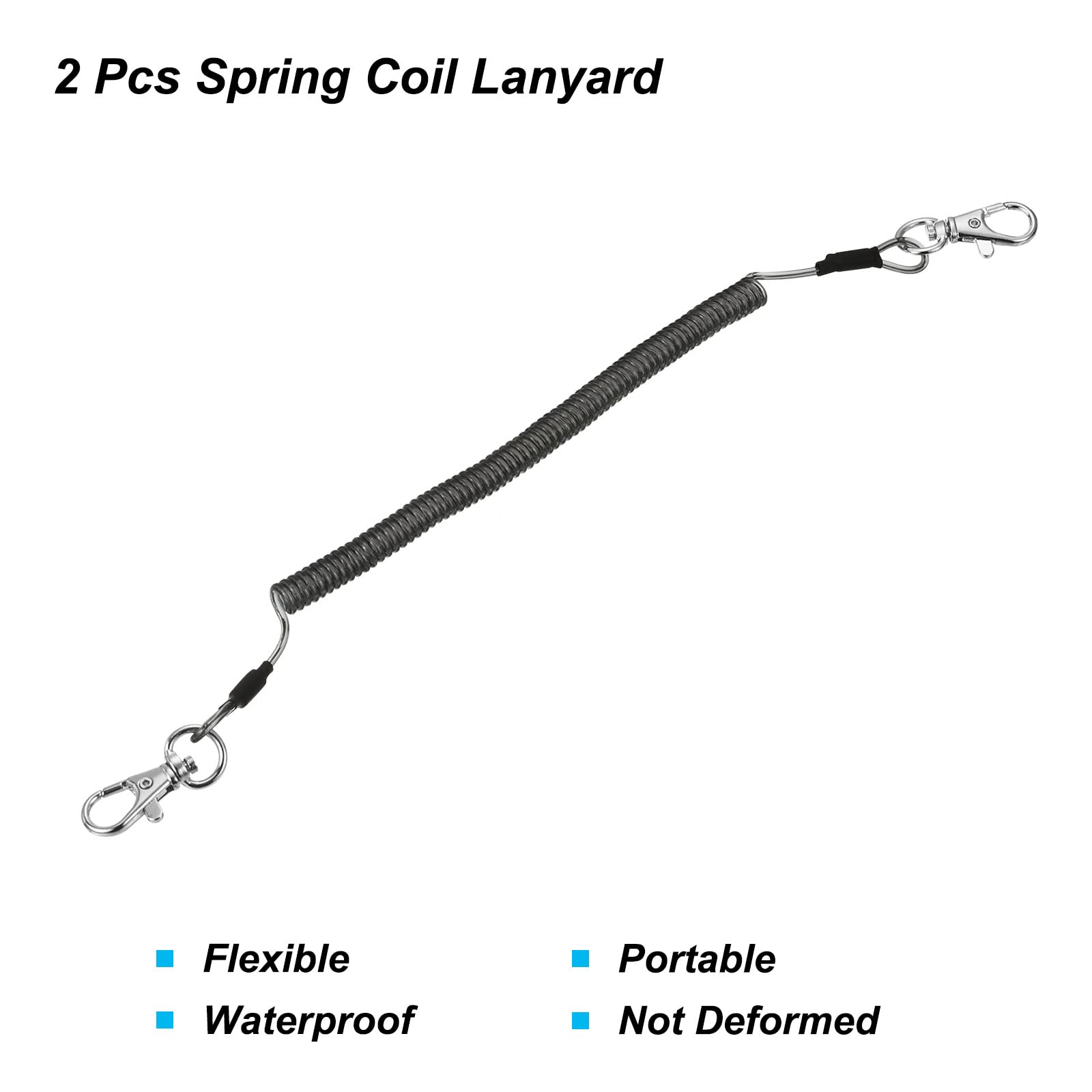 PATIKIL 4.9ft Fishing Coiled Lanyard, 2 Pack Heavy Spring Safety Rope Cord Tool Lanyard Retractable with Metal Clasp for Rods Tackle Paddles, Clear Black