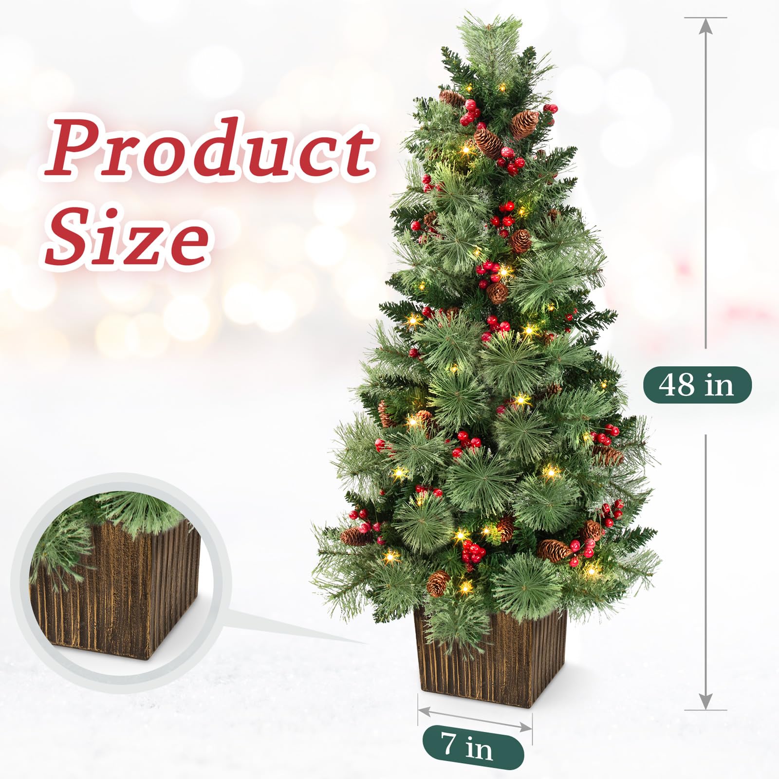 LAVEVE 4FT Pre-lit Christmas Tree Set of 2, 100 Warm White Lights|8 Modes & Timer| Waterproof Battery Box, Festive Berries & Pinecones