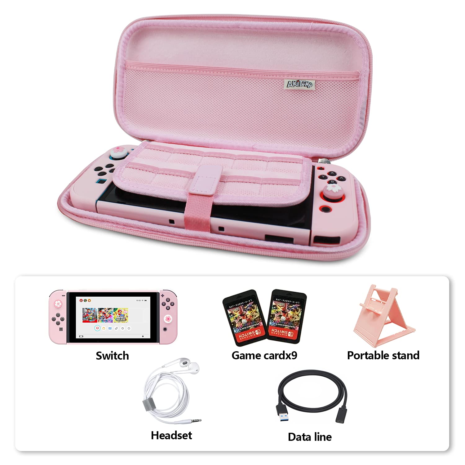 Laishalaiku Pink Protective Carrying Storage Case Accessories Kit Compatible with Nintendo Switch - Hard Protective Cover | Glass Screen Protector | Adjustable Stand | Thumb Grip Caps (10 in 1)