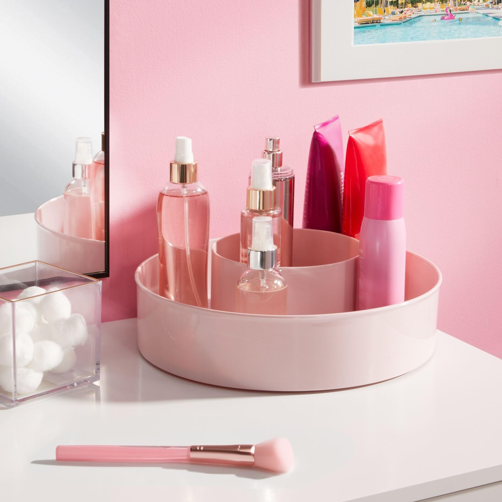 mDesign Plastic Lazy Susan Round Turntable Storage Tray - Rotating Organizer for Makeup, Cosmetics, Nail Polish, Vitamins, Shaving Kits, Hair Spray, Medical Supplies, First Aid - Light Pink/Blush