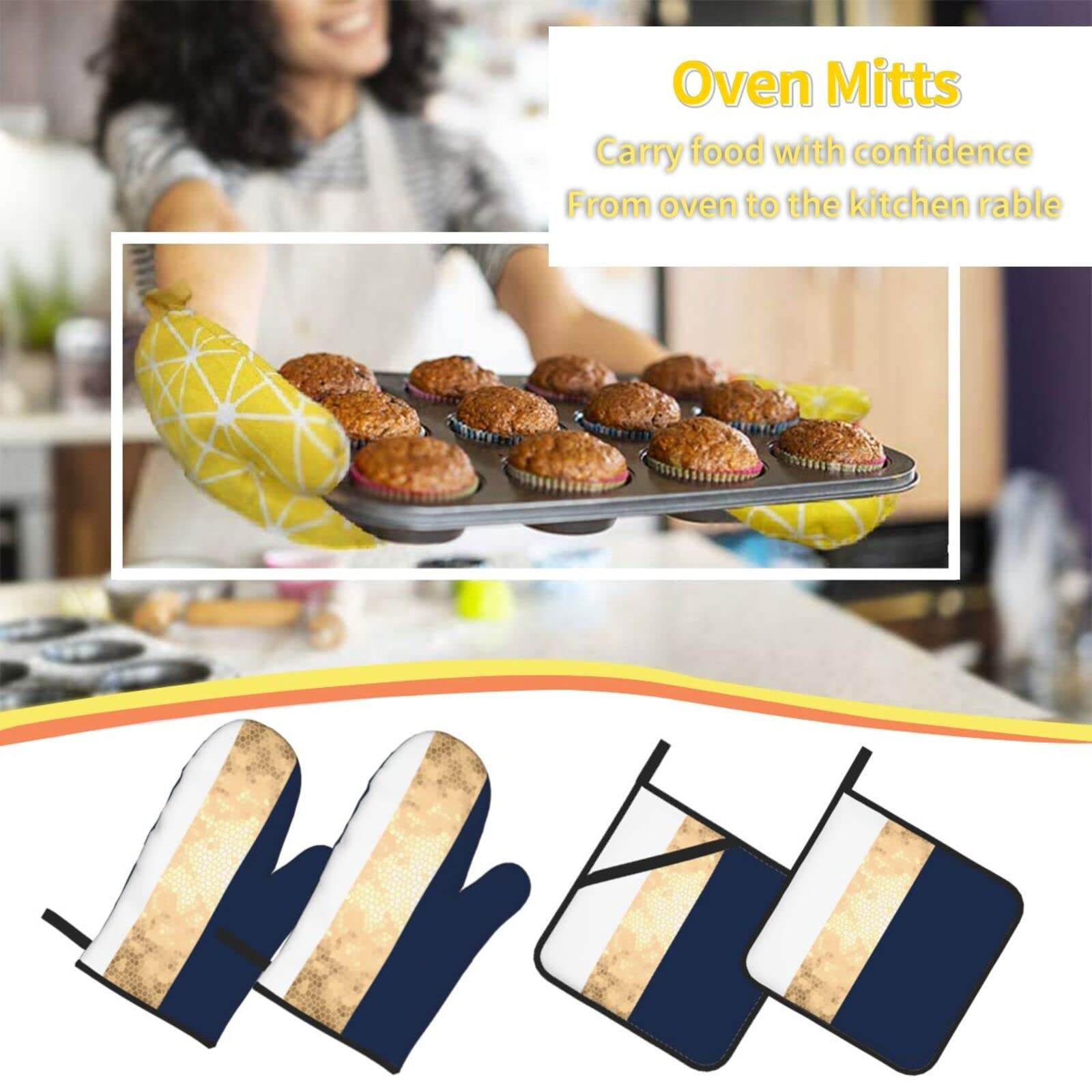 MUKJHOI Oven Mitts Pot Holders Set of 4 Heat Resistant Kitchen Waterproof Elegant Faux Gold Navy Blue White Stripes Women Men Home Cooking Baking Microwave BBQ Gift