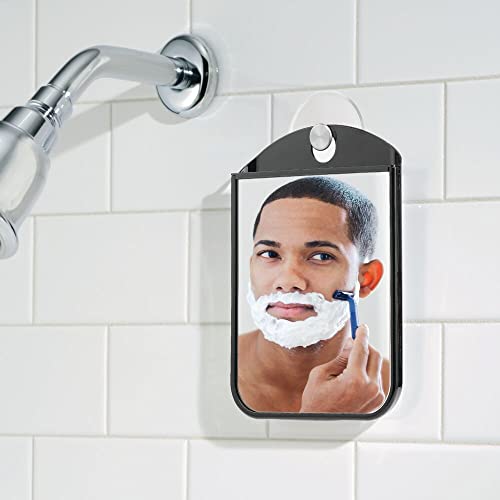 mDesign Bathroom Shower Suction Fog Away Shaving Mirror - Black/Brushed