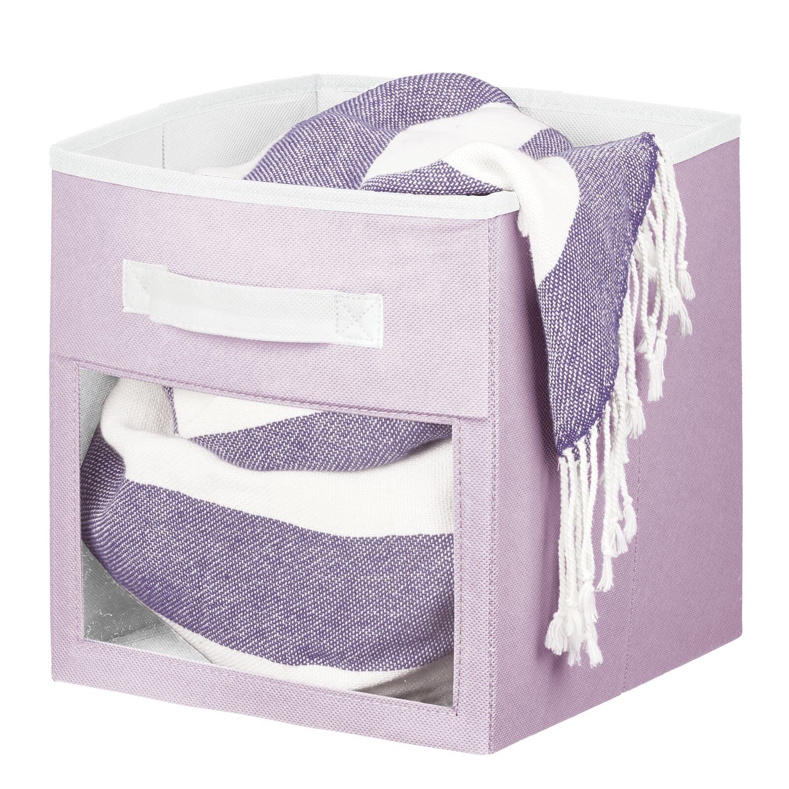 mDesign Fabric Nursery/Playroom Closet Storage Organizer Bin Box with Front Handle/Window for Cube Furniture Shelving Unit, Hold Toys, Clothes, Diapers, Bibs, Jane Collection, 8 Pack, Lt. Purple/White