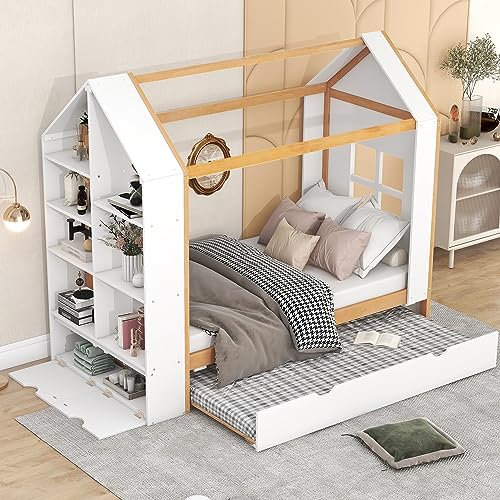 LAVHOME Twin Size House Platform Bed with Storage Shelves and Twin Size Trundle,Solid Wood Twin Bed Frame Box Spring Not Required,White