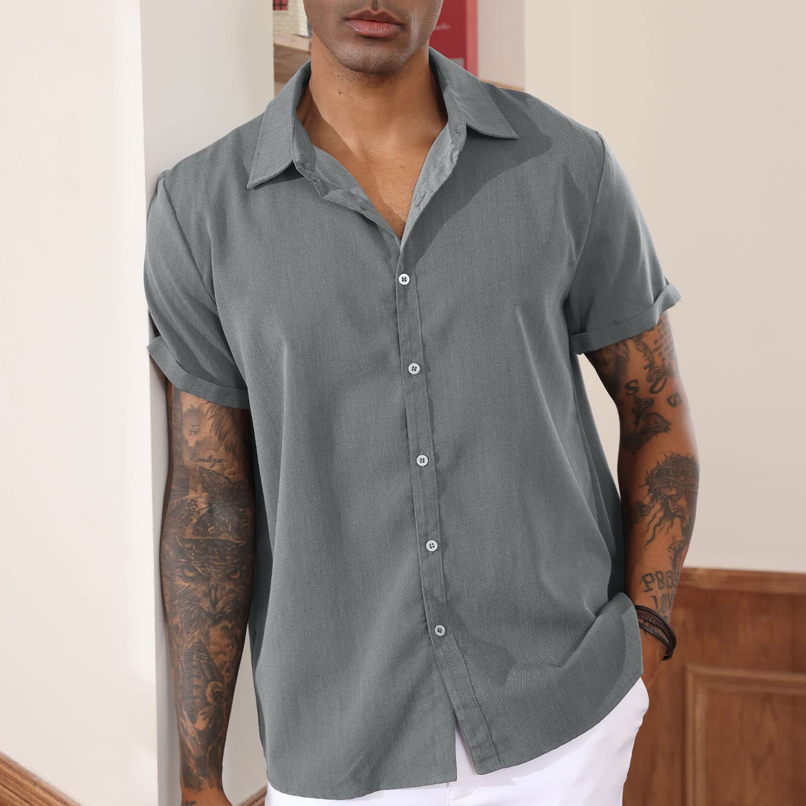 Men's Casual Summer Button Down Shirts Short Sleeve Holiday Beach Vintage Chambray Top GREENBLUE XL