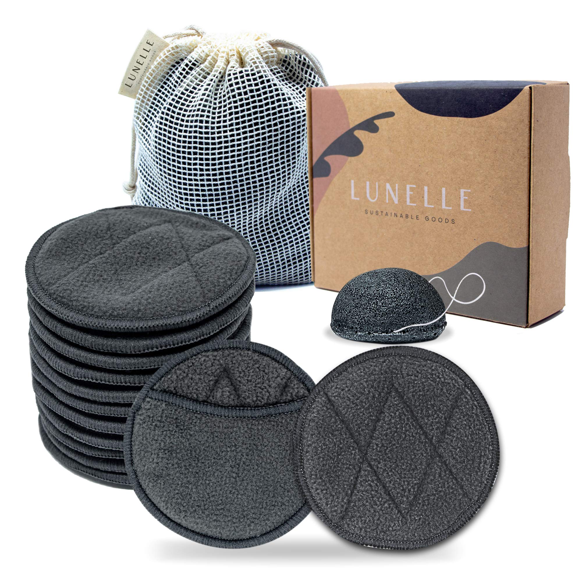 Lunelle Charcoal Bamboo Reusable Makeup Remover Pads 12 Pack - Reusable Face Pads with Laundry Bag + Charcoal Konjac Sponge Bamboo Makeup Remover Pads - Sustainable Reusable Cotton Pads Face Gift Set