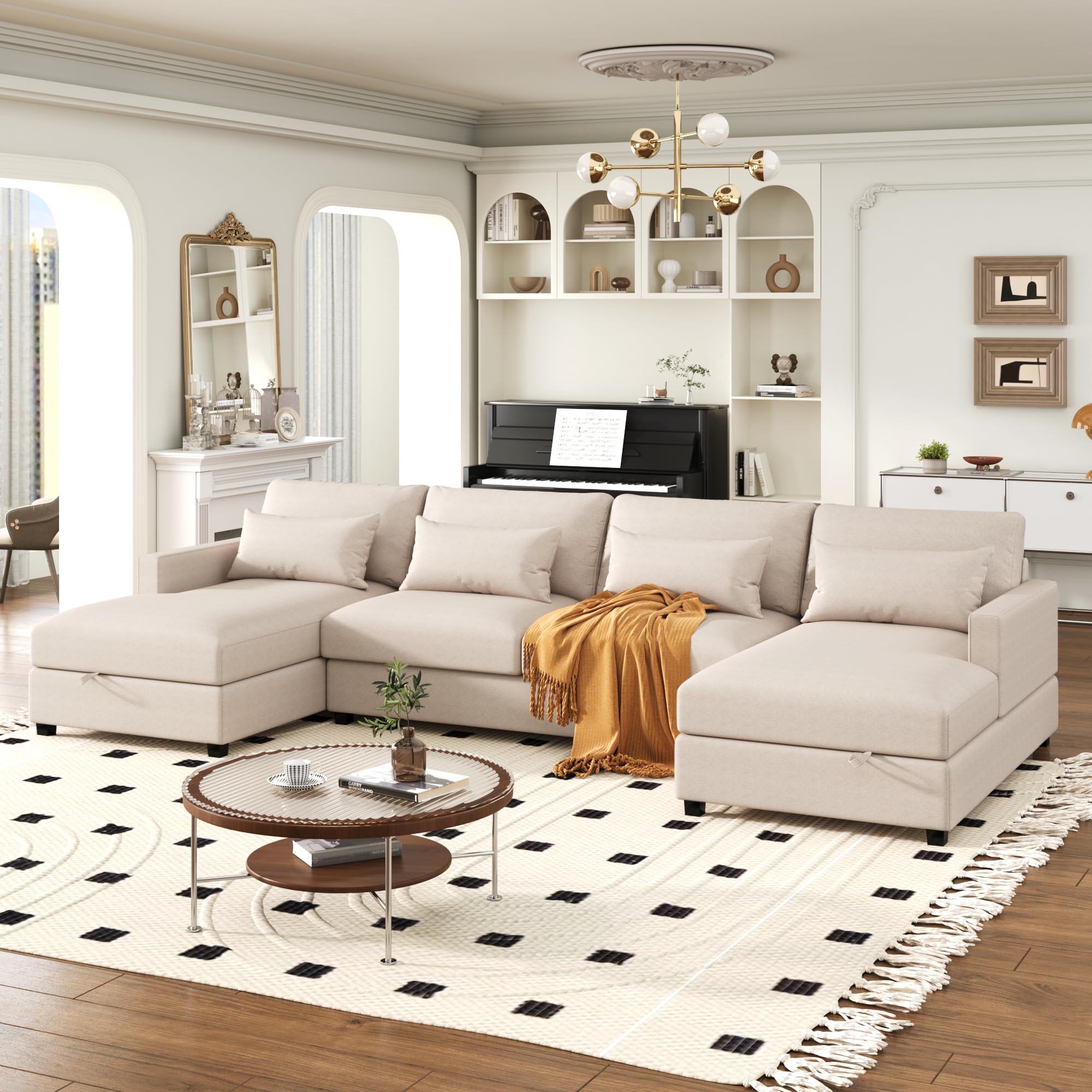JULYFOX U Sectional Couch with 2 Storage Lounge Chaise, 128 inch Wider Sectional Sofa with 58 in Long Chaise Storage Box Underneath Thick Padded Seat Back Cushions Mid Century Modern,Beige