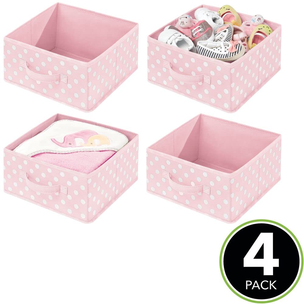 mDesign Fabric Nursery/Playroom Closet Storage Organizer Bin Box with Front Handle for Cube Furniture Shelving Units - Holds Toys, Clothes, Diapers, Bibs, 4 Pack, Pink/White Polka Dot