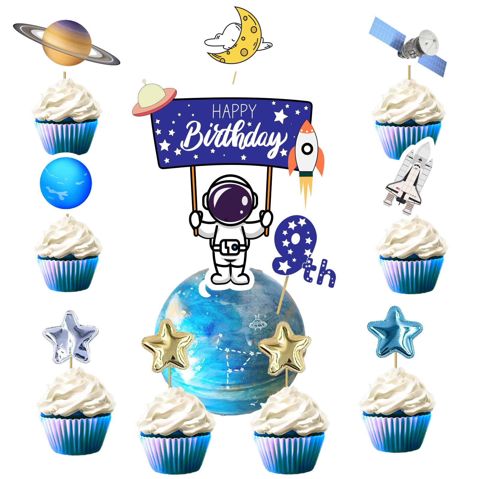 Space 9th Happy Birthday Cake Topper for Boy Girl space jam Galaxy Solar System Space Man Party Decorations Glitter Rocket Planet Astronaut Cupcake Toppers