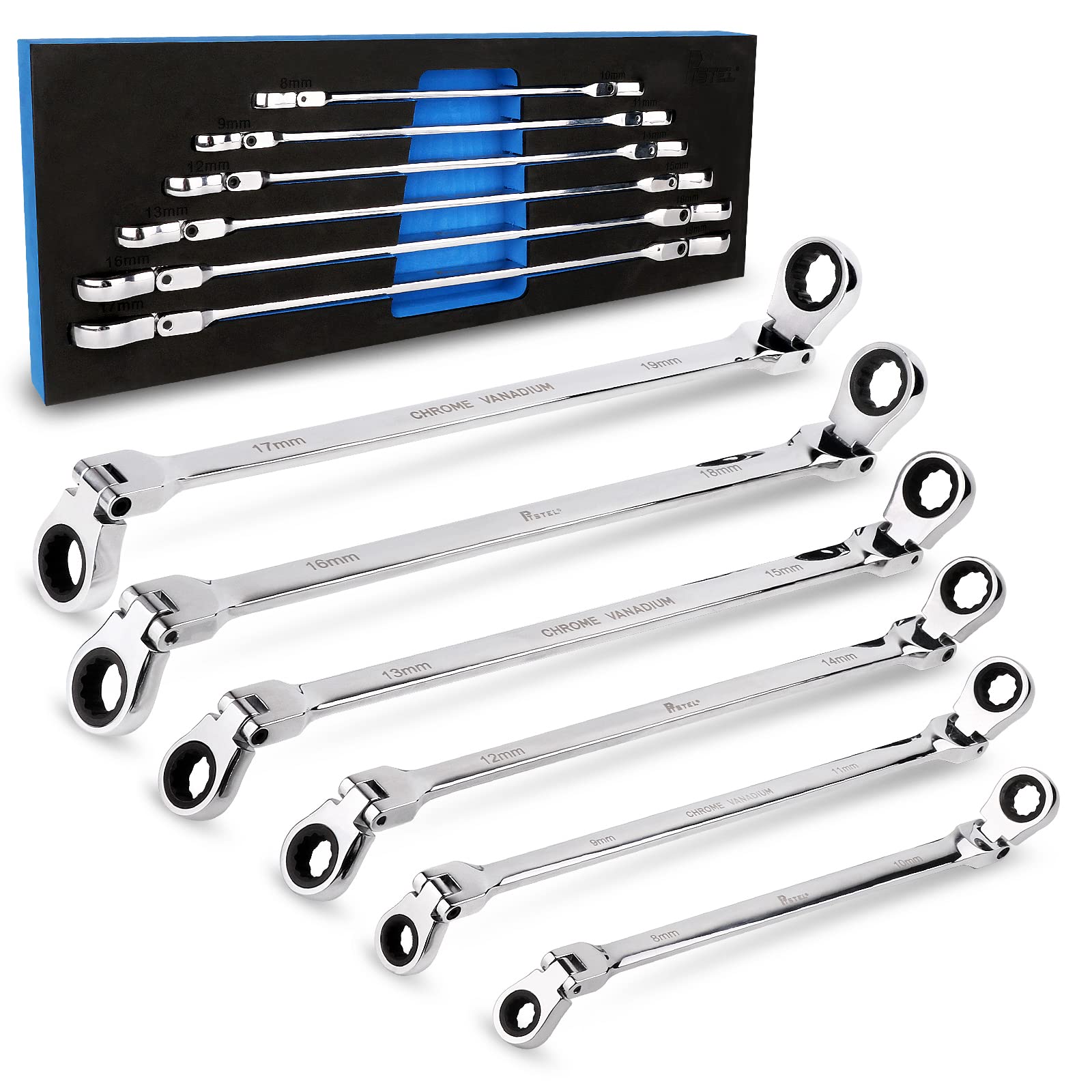 PTSTEL Ratcheting Wrench Set, Extra Long Double Box End Wrench Set,Flex-Head Metric Spanner Set, 6 Piece 72-Tooth Ratcheting Wrench Kit, 8-19mm (6, 8-19mm)