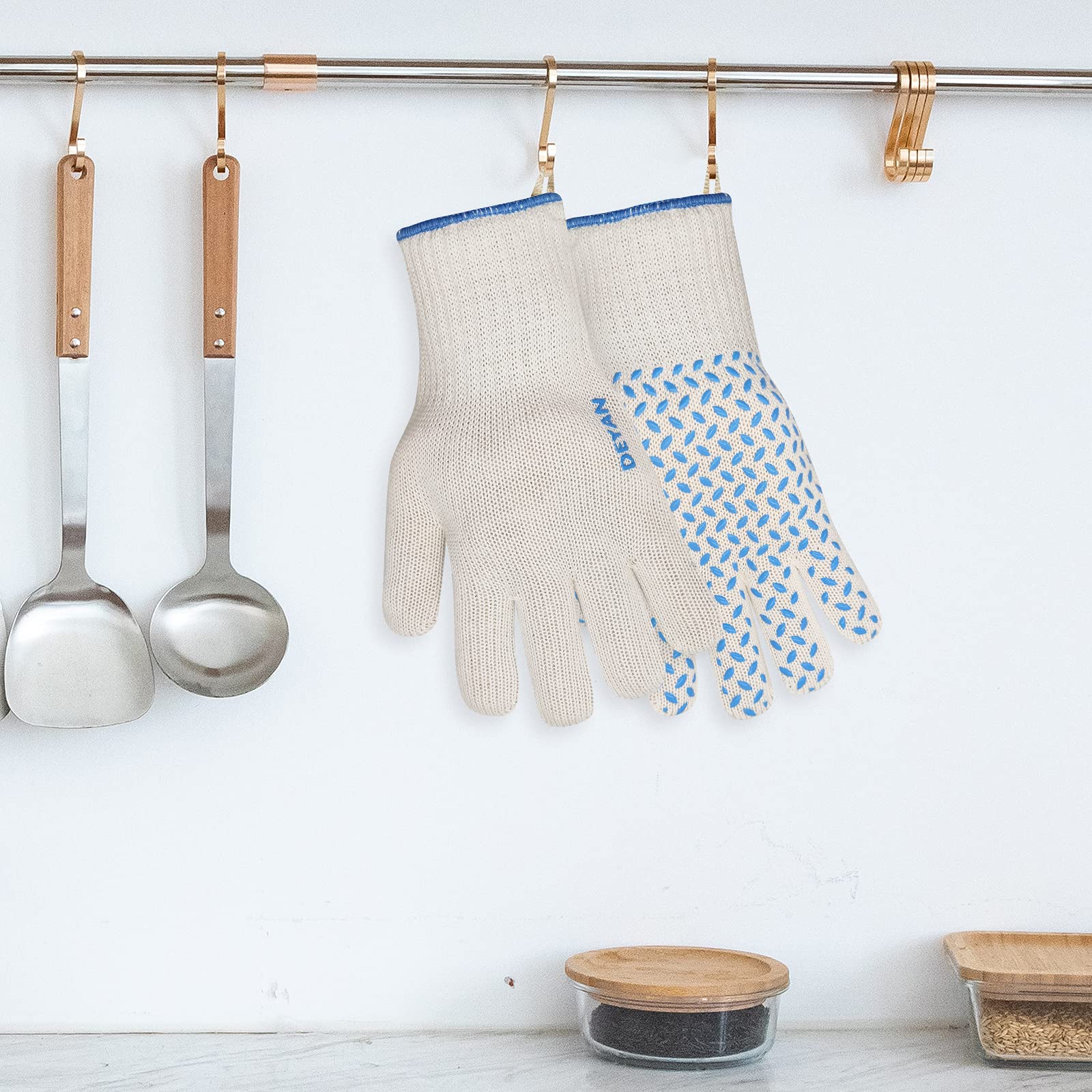 Oven Gloves 932°F Extreme Heat Resistant Gloves - DEYAN Silicone Non-Slip Oven Mitts with Finger, Kitchen Outdoor Cooking Glove for BBQ, Baking, Grilling, 1 Pair (White)