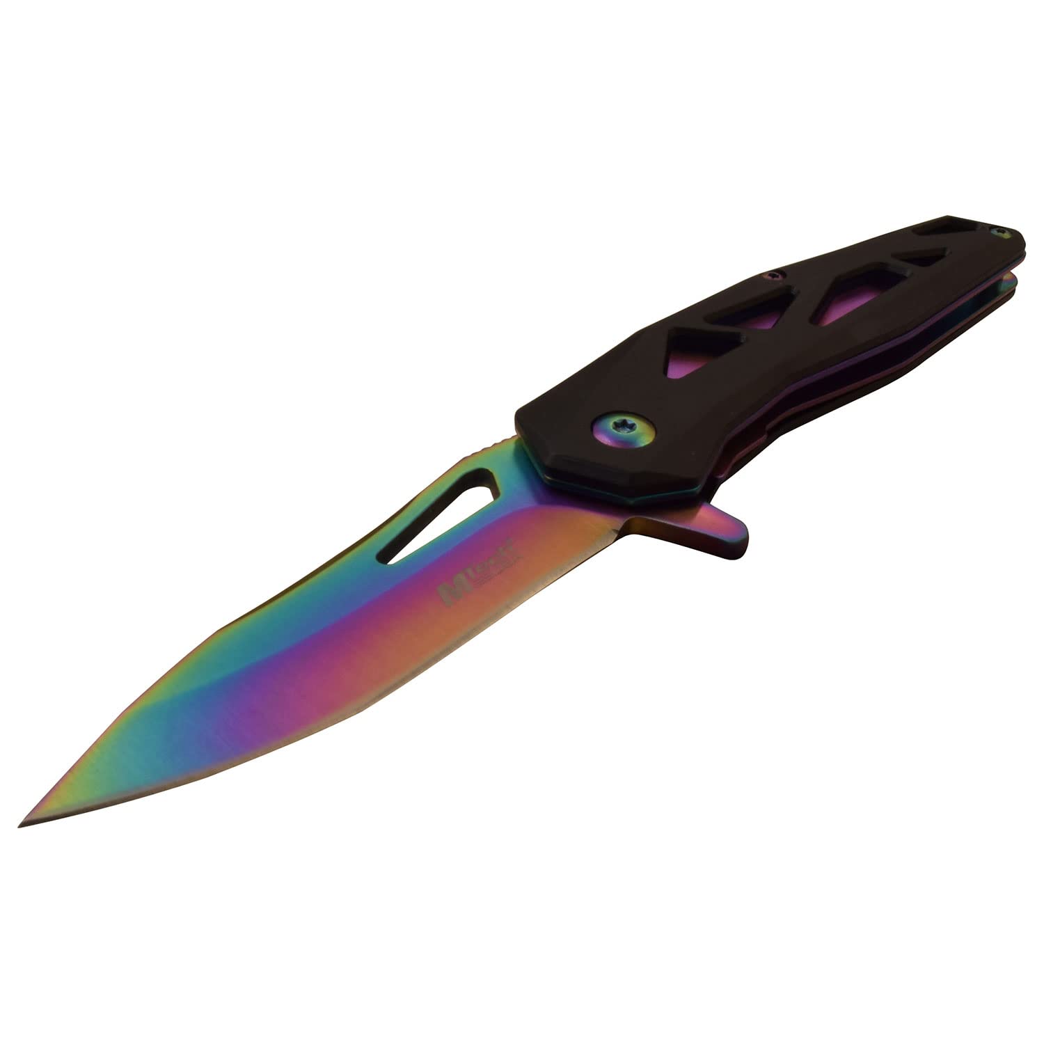 MTECH USA - Spring Assisted Folding Knife - Rainbow TiNite Stainless Steel Blade, Black Aluminum Handle w/Rainbow Stainless Steel Liner, Pocket Clip, Liner Lock - Hunting, Camping, EDC โ MT-A1141RB