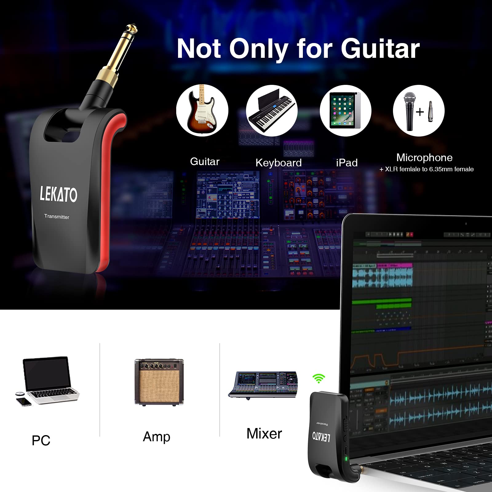 LEKATO Wireless Guitar System 2.4GHz Rechargeable Audio Wireless Transmitter Receiver 6 Channels for Guitar Bass Electric Instruments, Stereo and Mono 1/4โ & 1/8โ 2 in 1 Plugs,Black(WS-60)
