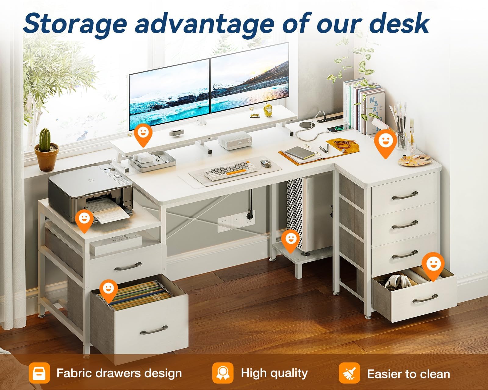 KKL L Shaped Computer Desk with File Drawers & 3 Power Outlets & 2 USB Ports, 72 Inch Home Office Desk with Printer Cabinet & Monitor Shelf & Host Storage Shelves, White Writing Desk