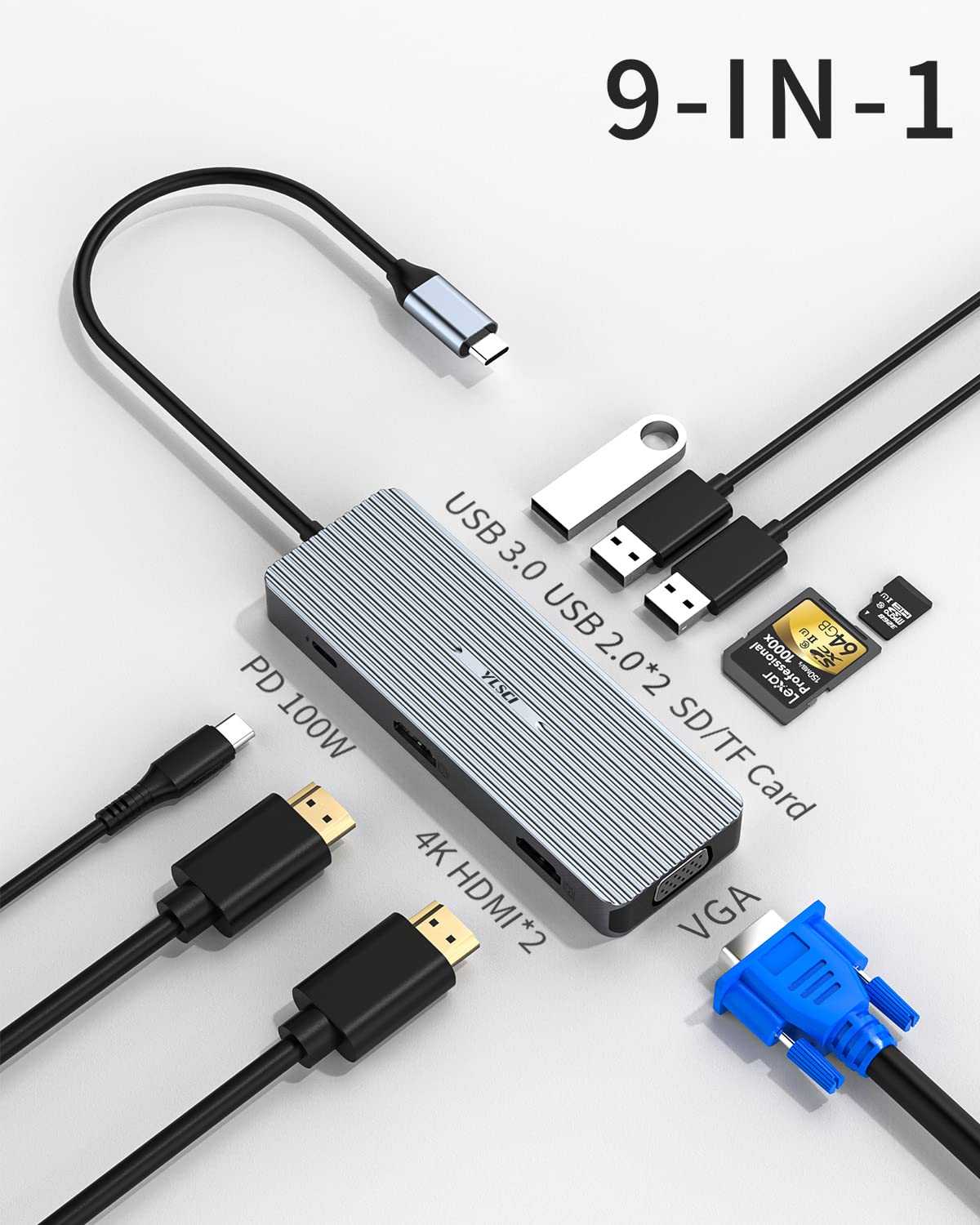 YLSCI USB C Hub, 9 in 1 USB C Hub, 2xHDMI, VGA, USB 3.0, 2xUSB 2.0, 100W PD, SD/TF-Reader, Used in MacBook Air/MacBook Pro/Surface Pro