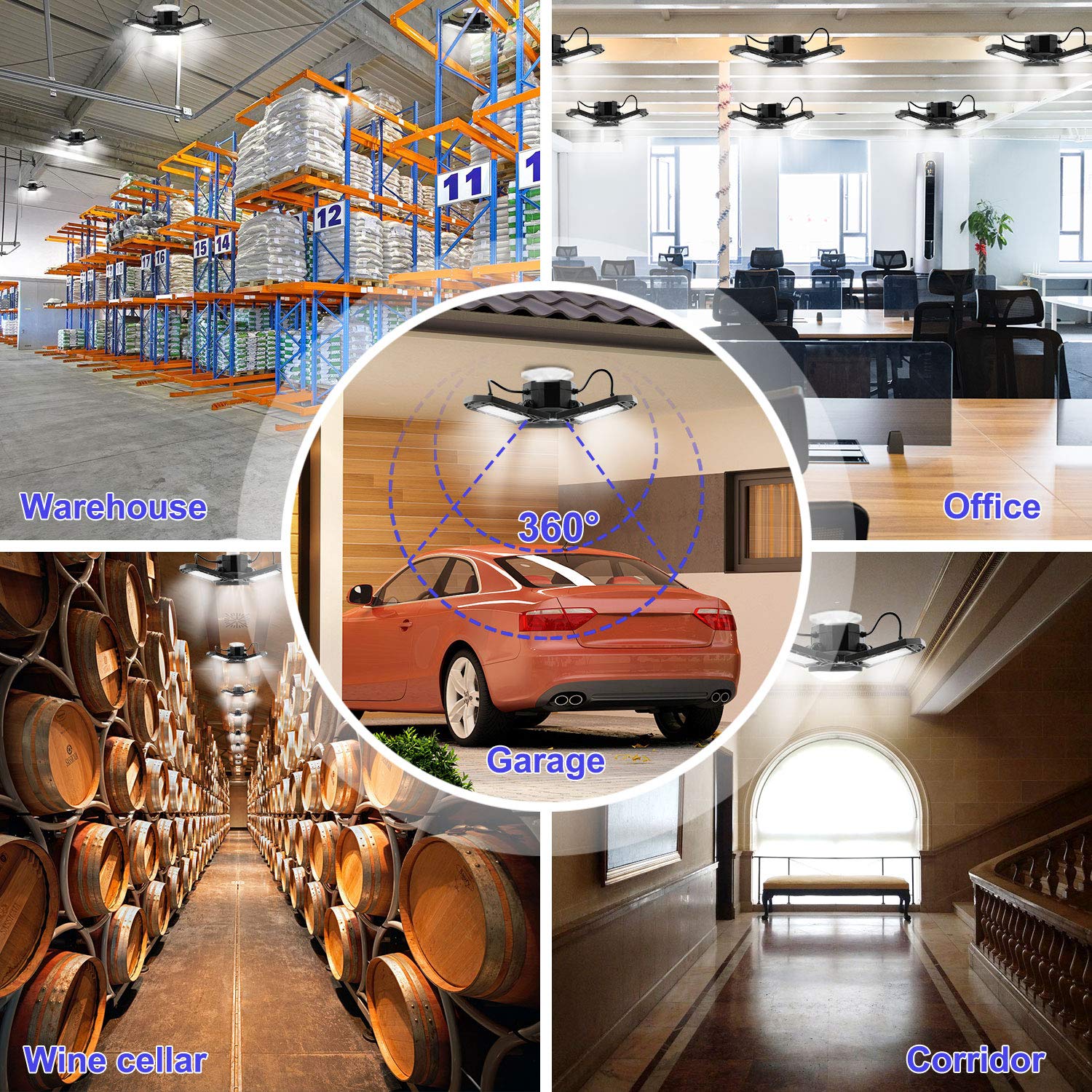 LED Garage Lights, 2 Pack LED Garage Ceiling Lights 6000LM Garage Lighting, Deformable LED Garage Light Bulbs, Support E26 Screw Socket LED Shop Lights for Garage, Lamp Sets, etc (No Motion Detection)