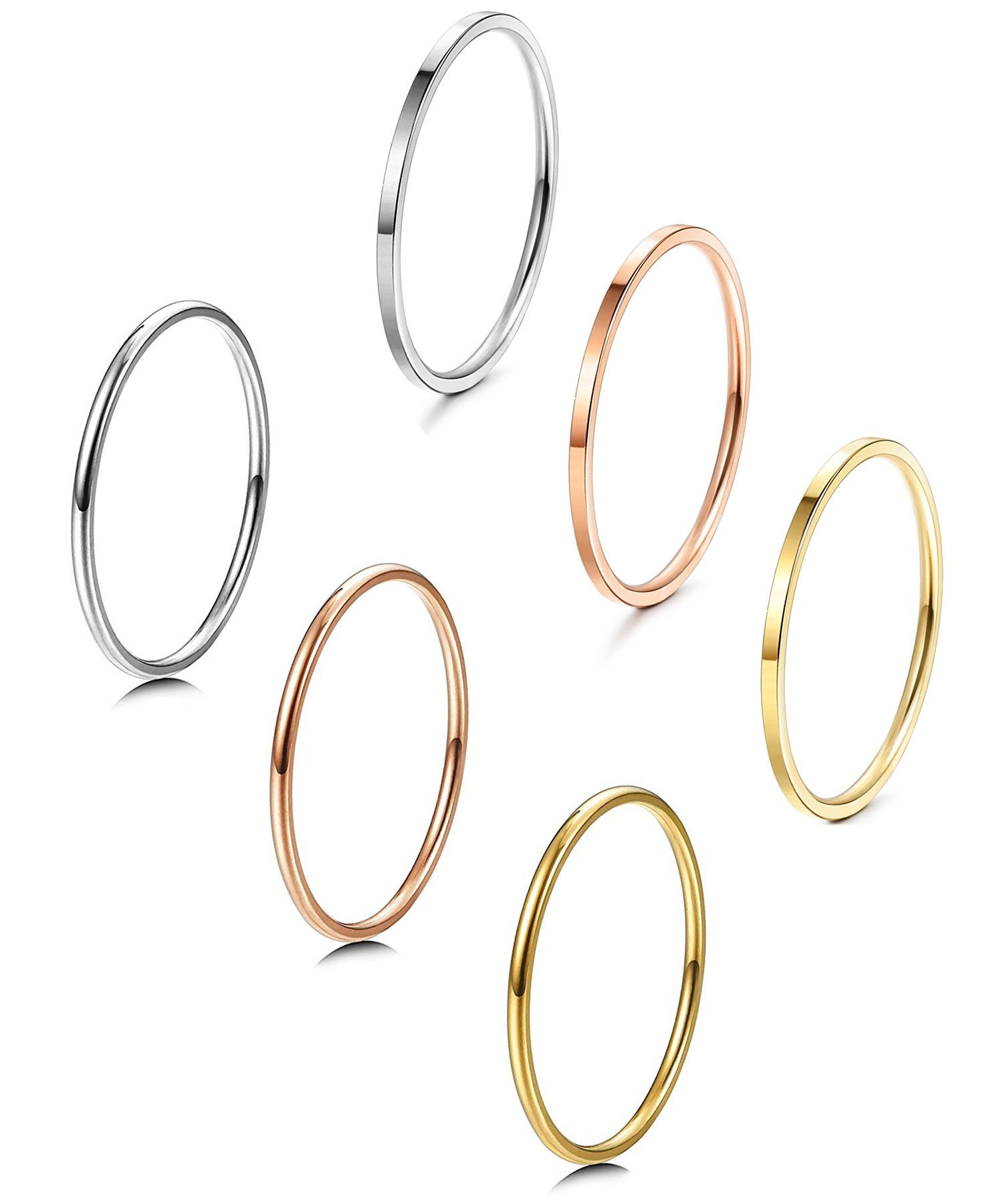 LOYALLOOK 1mm Stainless Steel Women's Plain Band Stacking Midi Rings Comfort Fit Wedding Band Ring 6pcs 8#