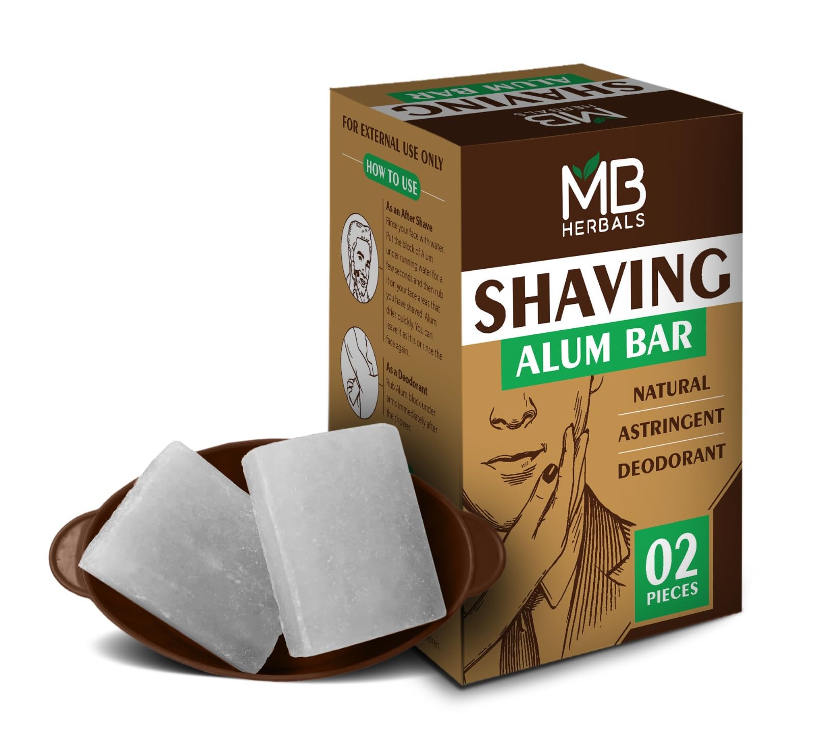 MB Herbals Shaving Alum Block 3.5 oz x 2 Pcs | Pack of 2 Alum Blocks 100G Each | Potassium Shaving Alum Block Bar 3.5 oz x 2 | No Fragrance | Stops Bleeding Minor Nicks Cuts After Shave
