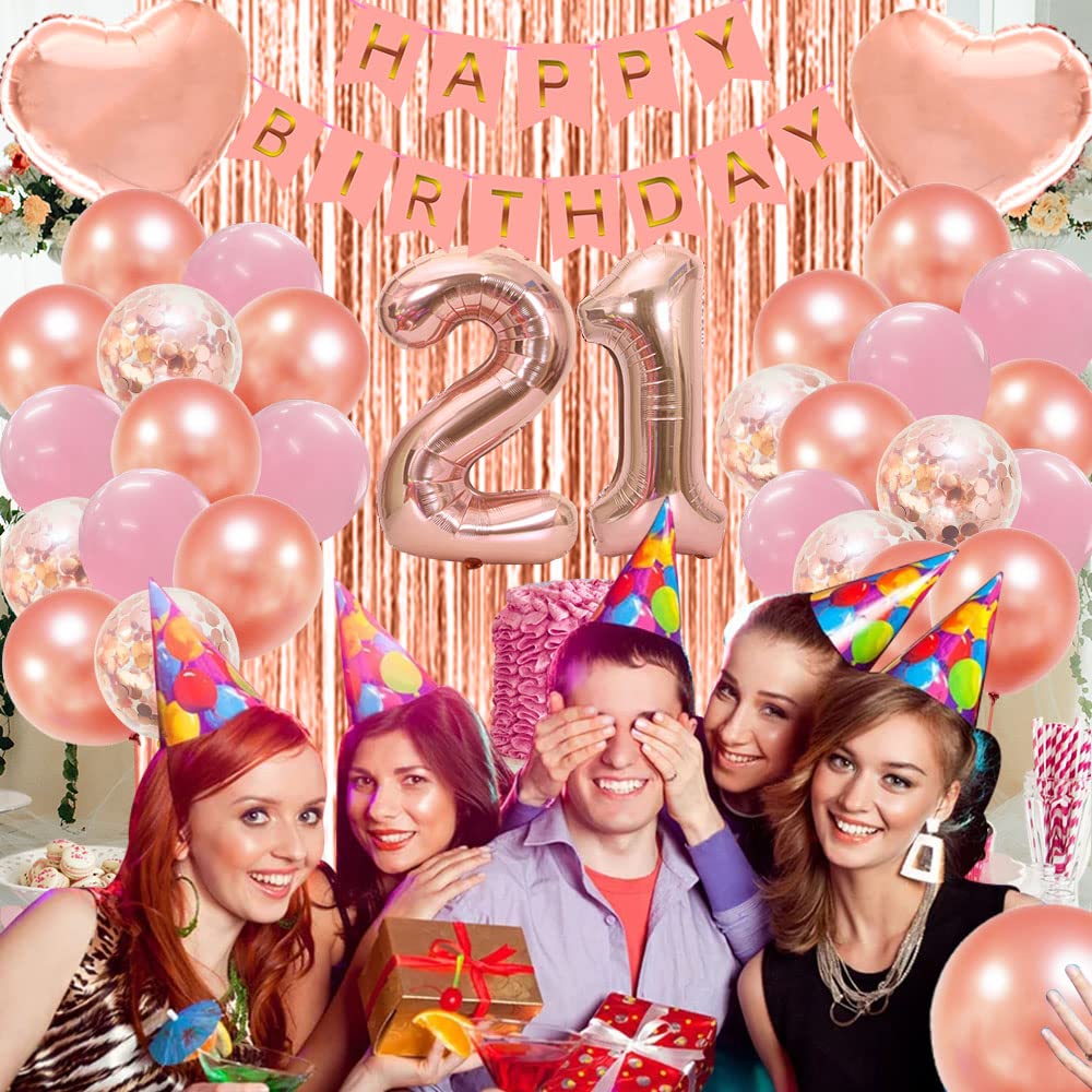 NIUBER 21st Birthday Decorations For Women,21 Birthday Decorations with Rose Gold Balloons, Happy Birthday Banner,Backdrop and Confetti Balloons