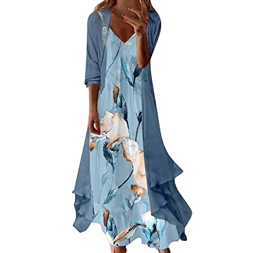 Sequin Women Vintage Floral Sleeveless Dress 2 Piece Set Womens Chiffon Beach Midi with Cardigan Suit Classy Blue