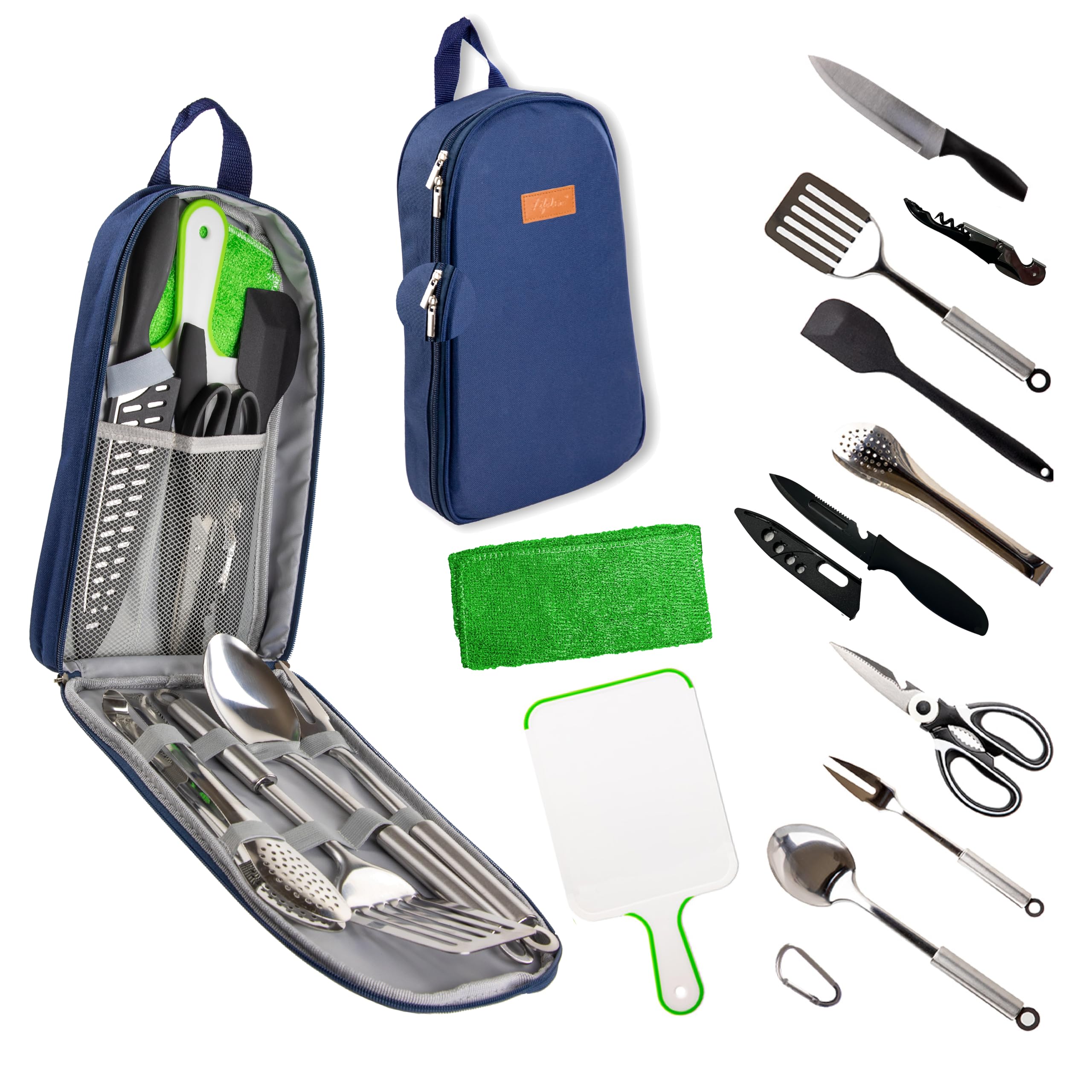 Life 2 Go 10 Pcs Camp Cooking Utensil Set & Outdoor Kitchen Gear Cookware Kit, Portable Compact Carry Case for Camping, Hiking, Travel, BBQ Grilling Stainless Steel Accessories Spoon & Fork, Navy