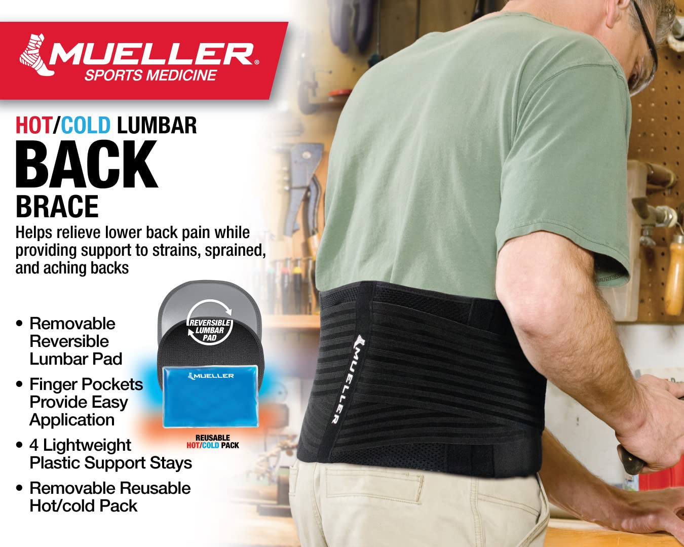 MUELLER Sports Medicine 4-in-1 Lumbar Back Brace with Removable Hot/Cold Pack, for Men and Women, Black, One Size