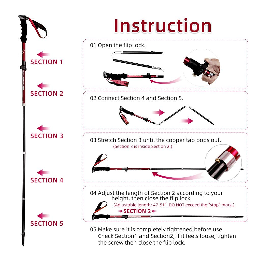 MC Trekking Poles Red Collapsible,2-pc-Pack,Lightweight 7075 Aluminum Adjustable 42β/51β for Hiking Camping Mounting Trail