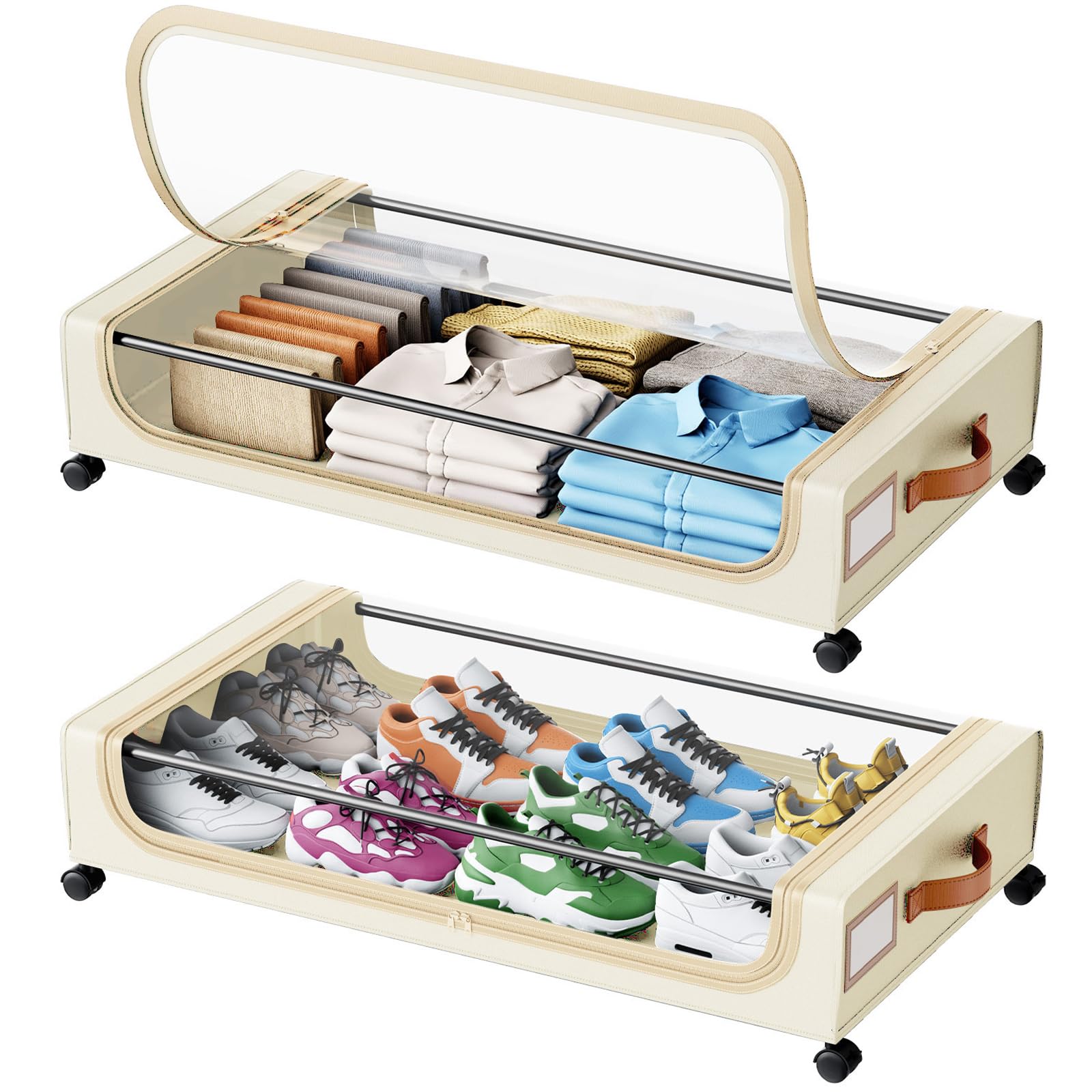 Yoleduo Underbed Storage Containers with Wheels,2 Pack Under bed Shoe Storage Organizer Box with Clear Lid Drawer Bins Bag for Organizing Clothes, Blanket,Shoe Bedroom (Large White)