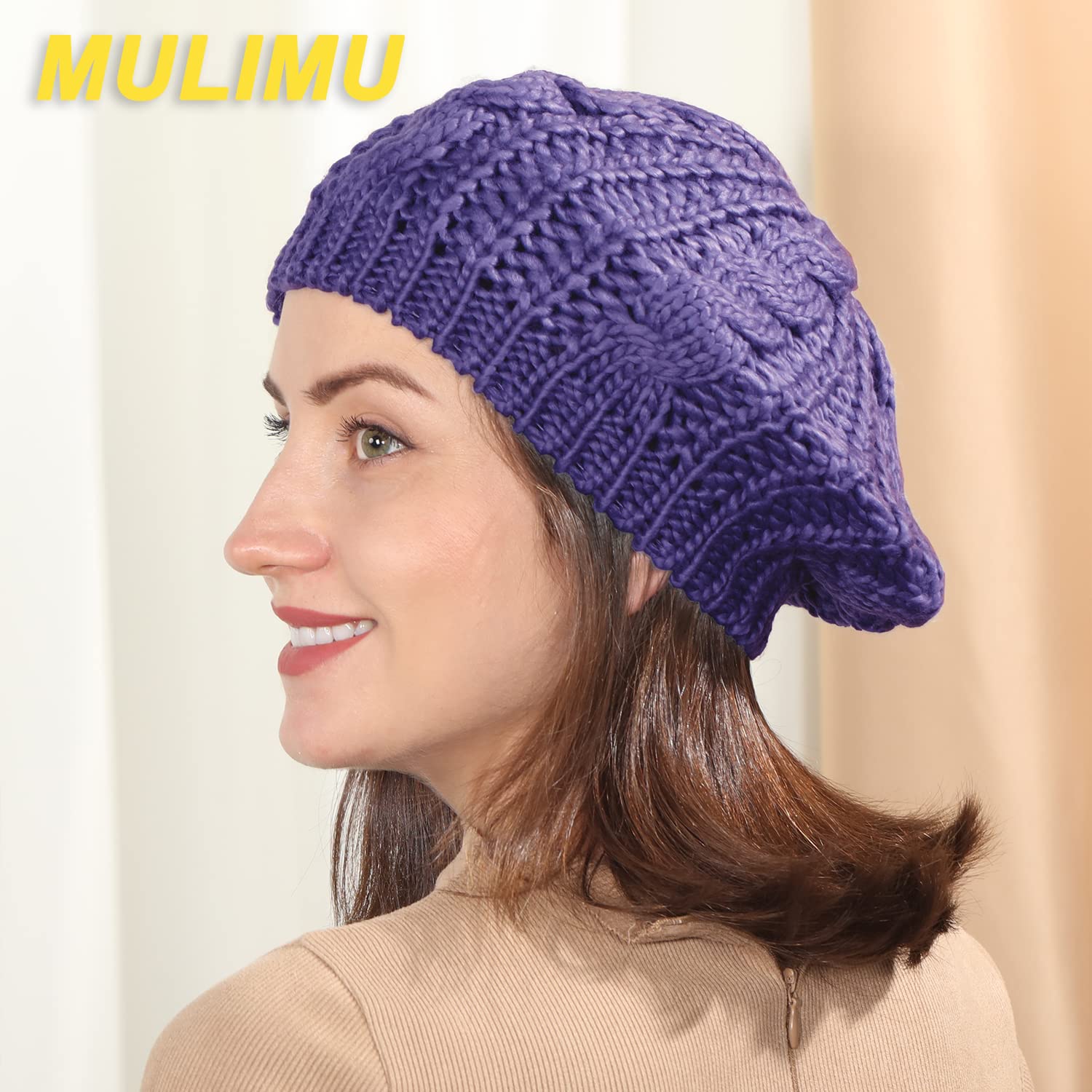 MULIMU 3 Pieces Women Fall Winter Ribbed Beret Beanie hat Warm Chunky Knit Beret Hat for Women (Black,Beige,Dark Gray)