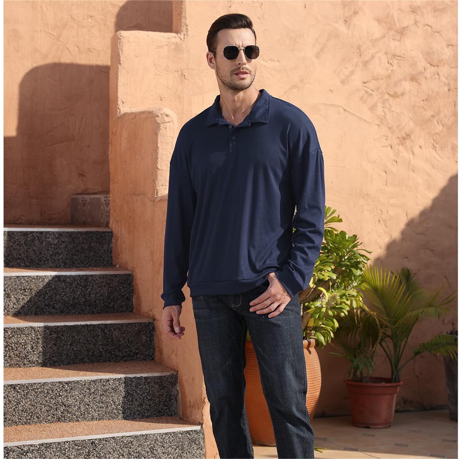 Opomelo Men's Long Sleeve Solid Polo Shirts -Fashion Casual Golf Shirt Collared T Shirts Navy Blue