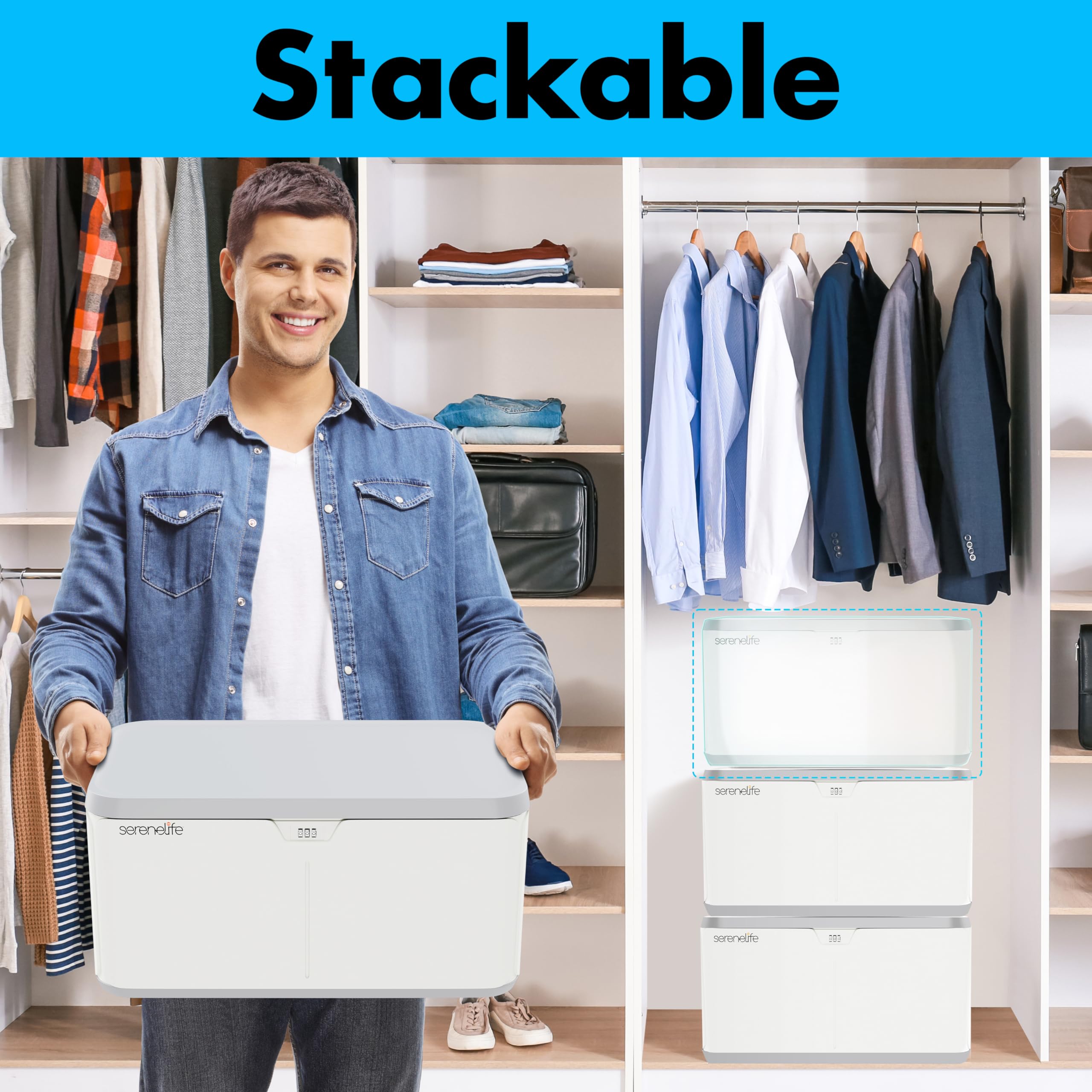 SereneLifeHome Locking Storage Container Bin, 37 Gallon Capacity Lockable Box, Combination Lock, Side Carry Handle Grips, 29.0” x 11.5" x 18.5" L x W x H, White, Blue (SLSBIN40)