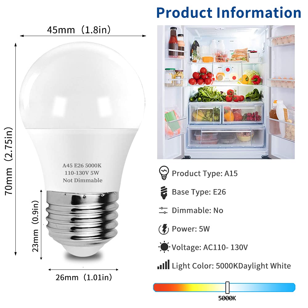 LED Refrigerator Light Bulb, 5W Waterproof Freezer LED Light Bulb E26 Daylight White 5000K, A15 LED Appliance Bulb for Ceiling Fan, Freezer, Lamp, Kitchen, Bathroom, 2 Pack