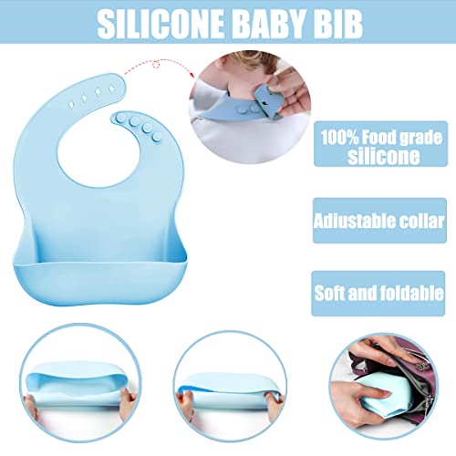 xuan dian Silicone Baby Feeding Set, Silicone Suction Plate Shape Self Feeding Adjustable Bib,Suction Plate for Baby Toddler with Spoon Fork Adjustable Bib Set-Blue