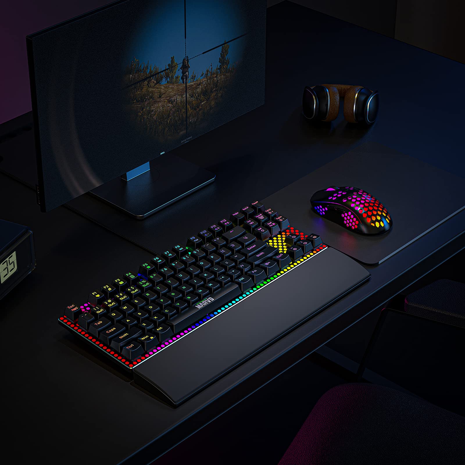 MARVO CM373 Honeycomb Gaming RGB Mechanical Keyboard & Mouse Combo, Wired Gaming Keyboard with Detachable Wrist Rest, 87 Keys NKRO, 6400 DPI 6 Programmable Mouse, for Windows and Mac, Red Switch