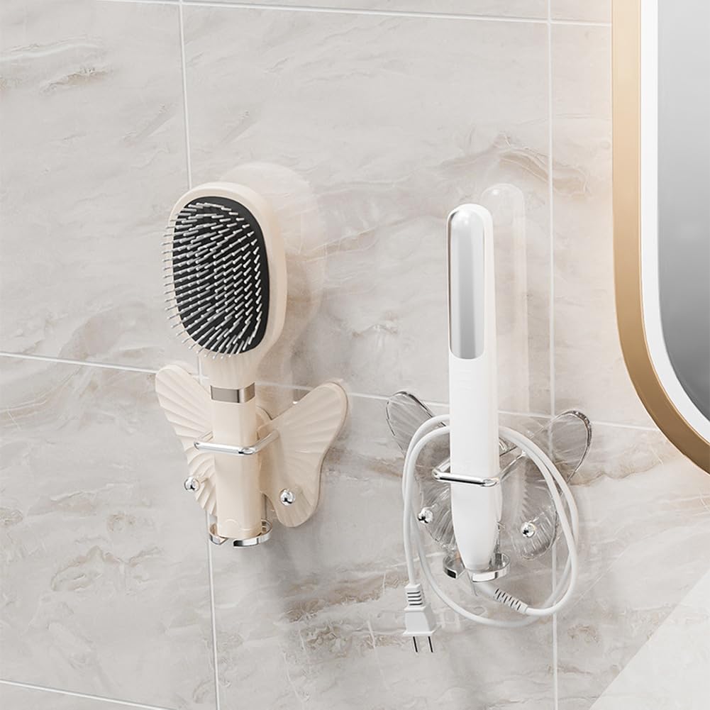 WAYUTO 2Pcs Butterfly Hairbrush Holders Punch Free Comb Holder Wall-Mount Comb Display Rack Rubber Band Hand Mirror Organizer Plastic Round Hair Brush Storage Holder for Salon Bathroom Home