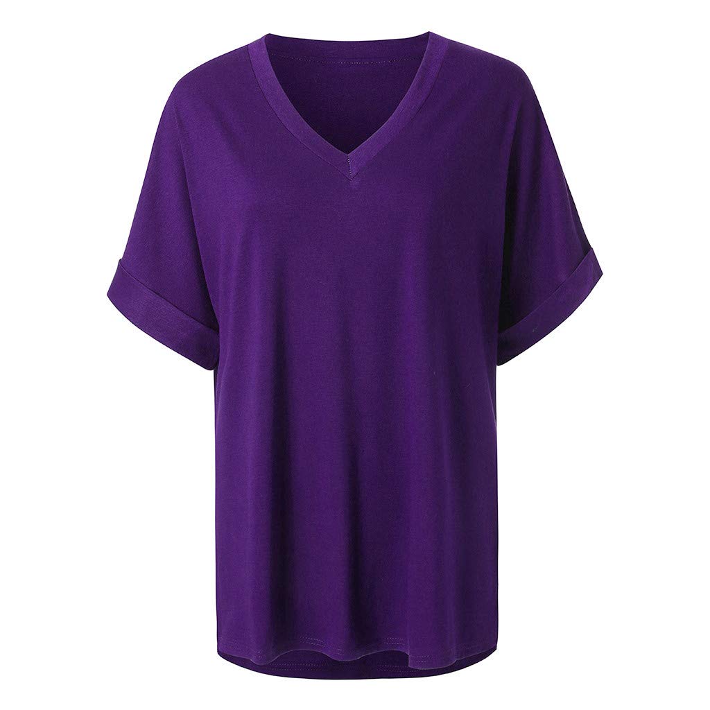 Muicook Women's V Neck T Shirt Rolled Sleeve Side Split Tunic Tops Summer Loose Casual Tops(X-Large,Purple)