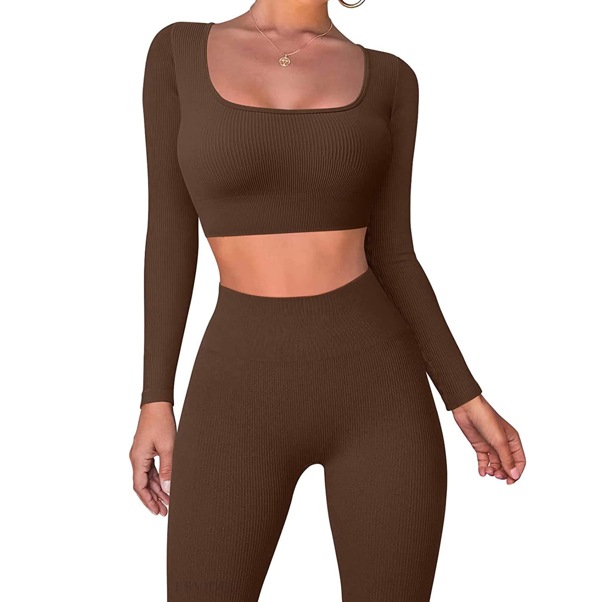 SeeLuNa Women's Cropped Top Ribbed Long Sleeve Workout Top Seamless Yoga Tops(Coffee,M)