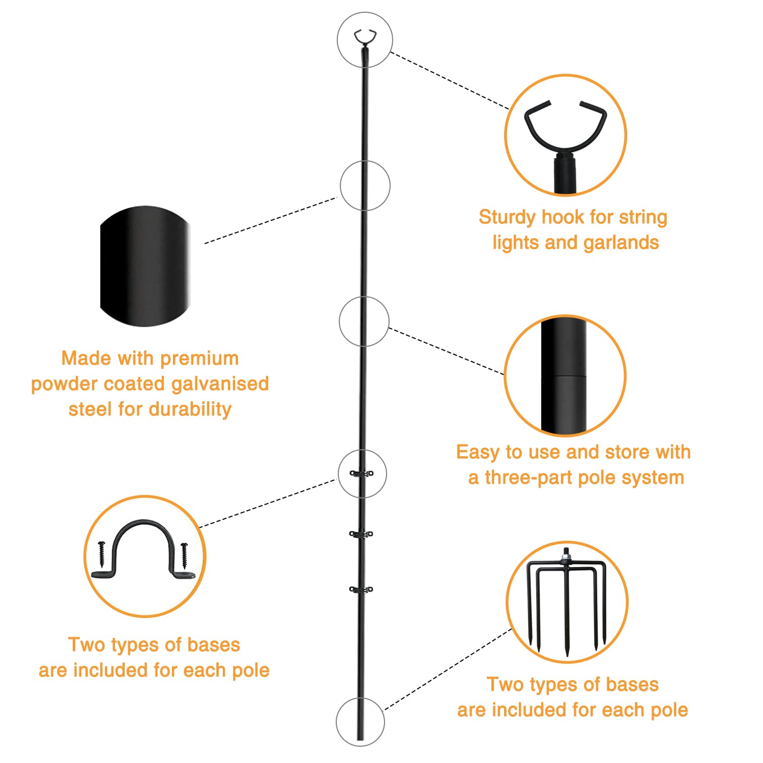 MARVOWARE 3 Functions String Light Poles for Outdoors, Metal Poles with Hooks,Light Poles for Outside House Garden Patio Wedding Cafe Party (2 Pcs)