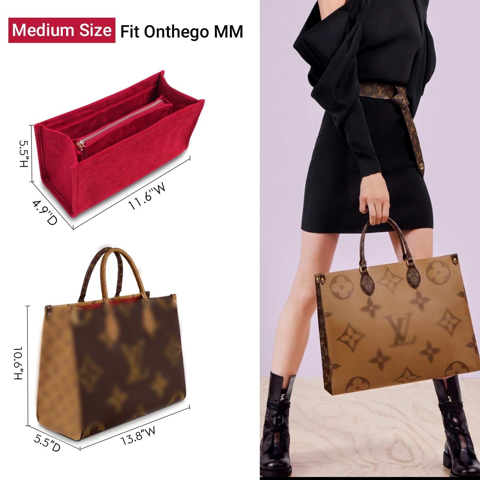 OPPOSHE Suede Velvet Purse Organizer Insert, Bag Organizer for Tote with Key Chain, Purse Insert for Handbags, Compatible with ONTHEGO MM & Birkin 30