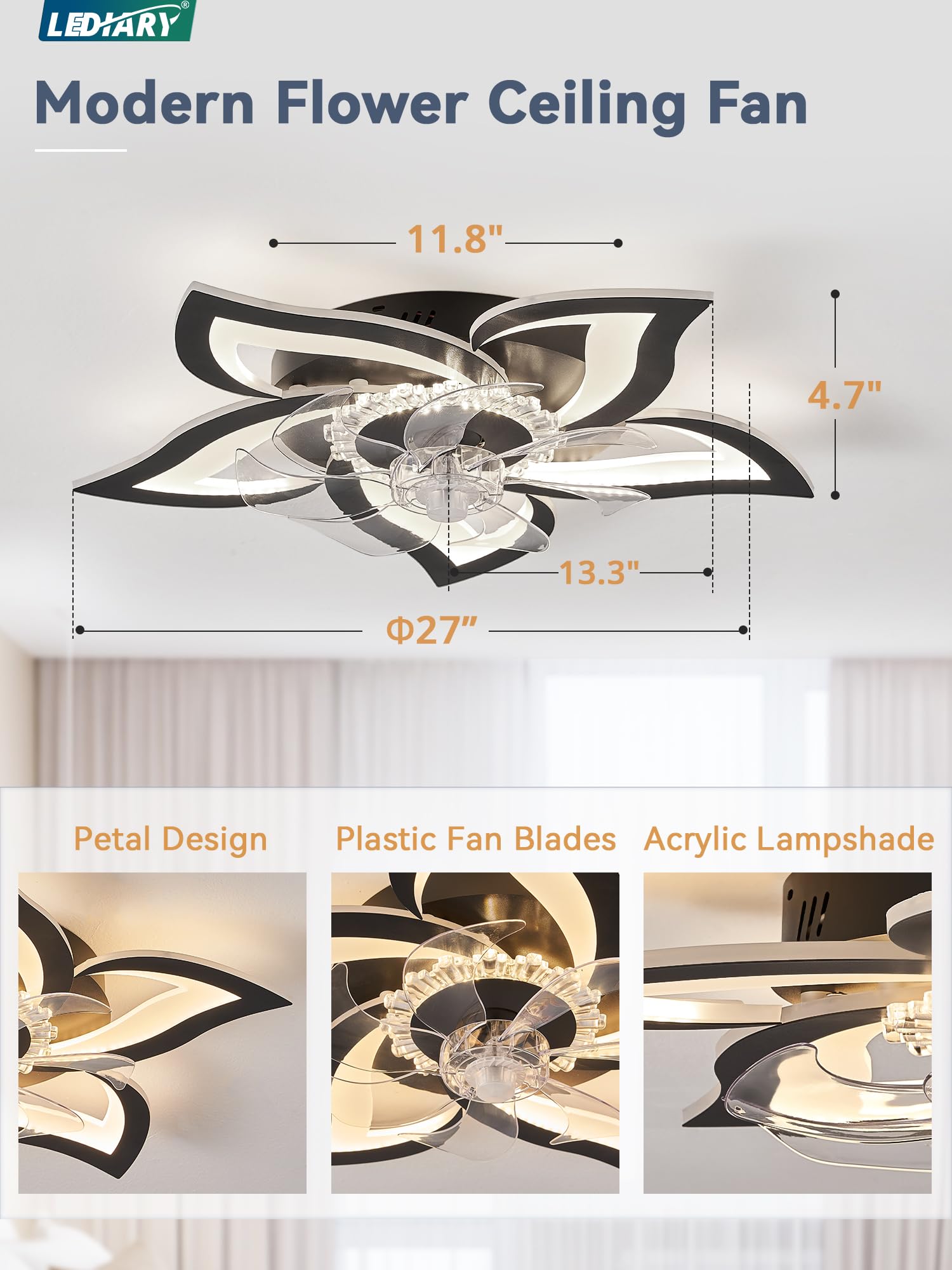 LEDIARY Flower Ceiling Fans with Lights, Small 27 Inch Modern Low Profile Ceiling Fan, Dimmable LED Ceiling Light Fixture, Flush Mount Ceiling Fans with Remote for Bedroom, Kitchen, Indoor-Black