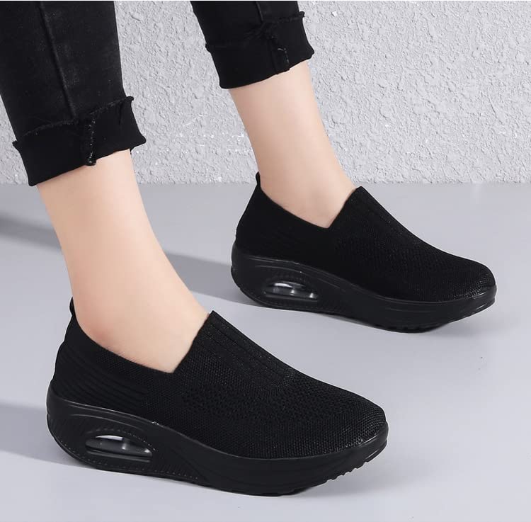 MUMMUG Womens Orthopedic Sneakers, Slip-On Air Cushion Platform Mesh Walking Sneaker (Black,7.5)