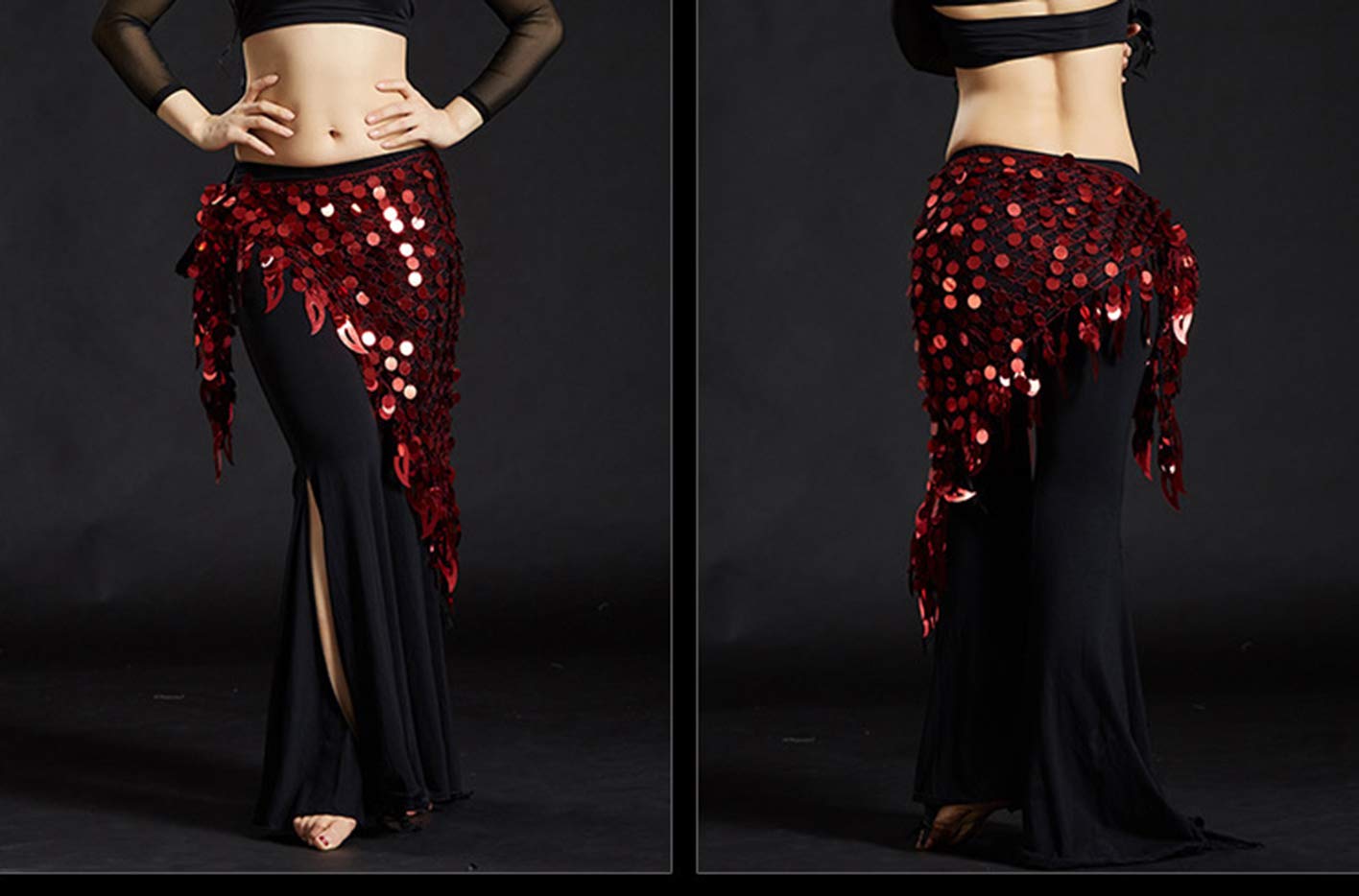 Lauthen.S Women Belly Dance Hip Scarf Sequins Mesh Triangle Wrap Skirt Waist Chain(Wine)