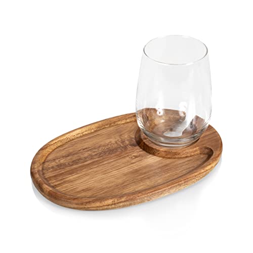 PICNIC TIME TOSCANA -Wine Appetizer Plates, Cocktail Plate with Glass Holder, Cheese Board with Wine Holder, (Acacia Wood), 9 x 6, Set of 4