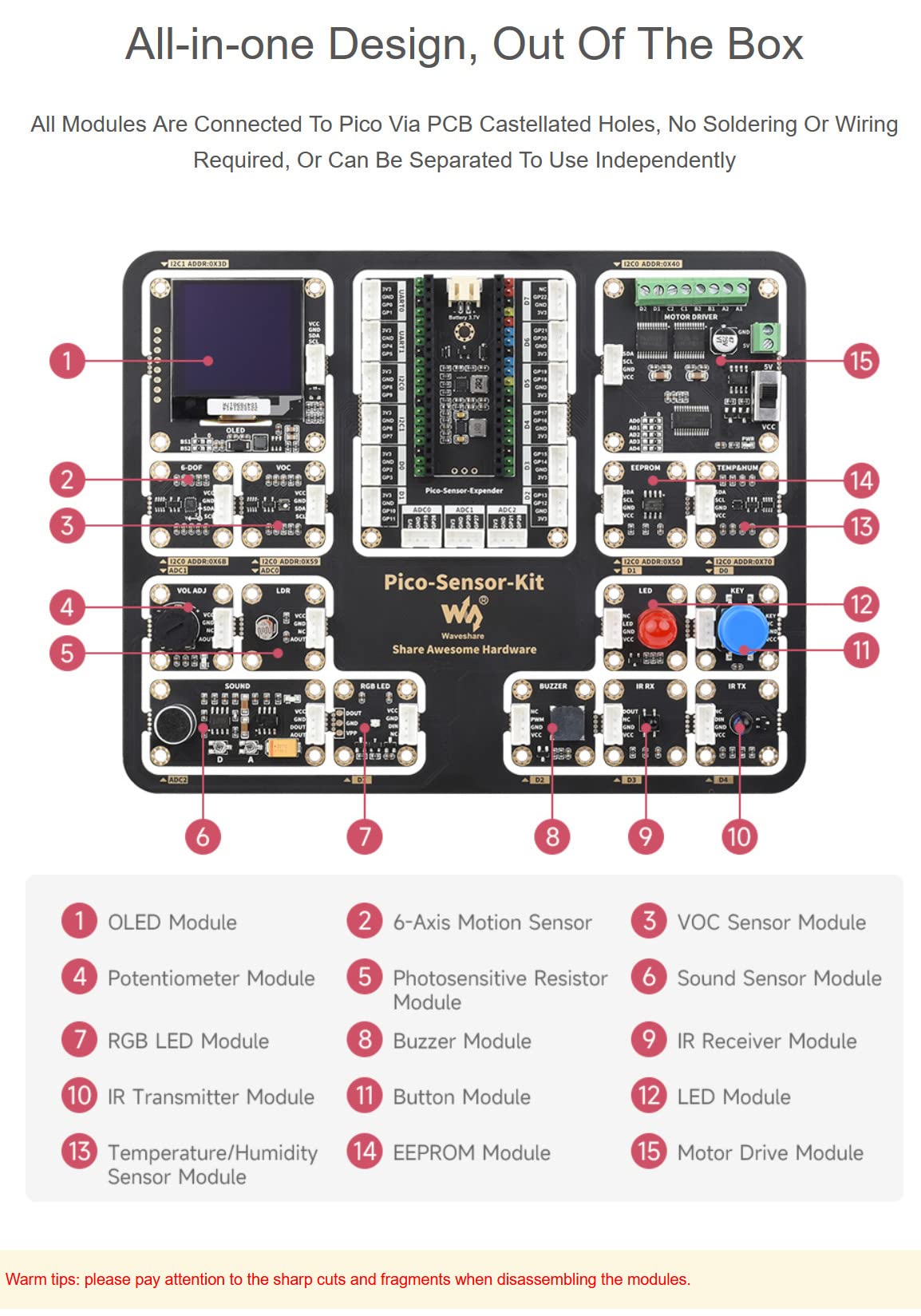 XYGStudy Raspberry Pi Pico Entry-Level Sensor All-in-one Design Kit, Including Pico Expansion Board and 15 Common Modules (Pico-Sensor-Kit-B)