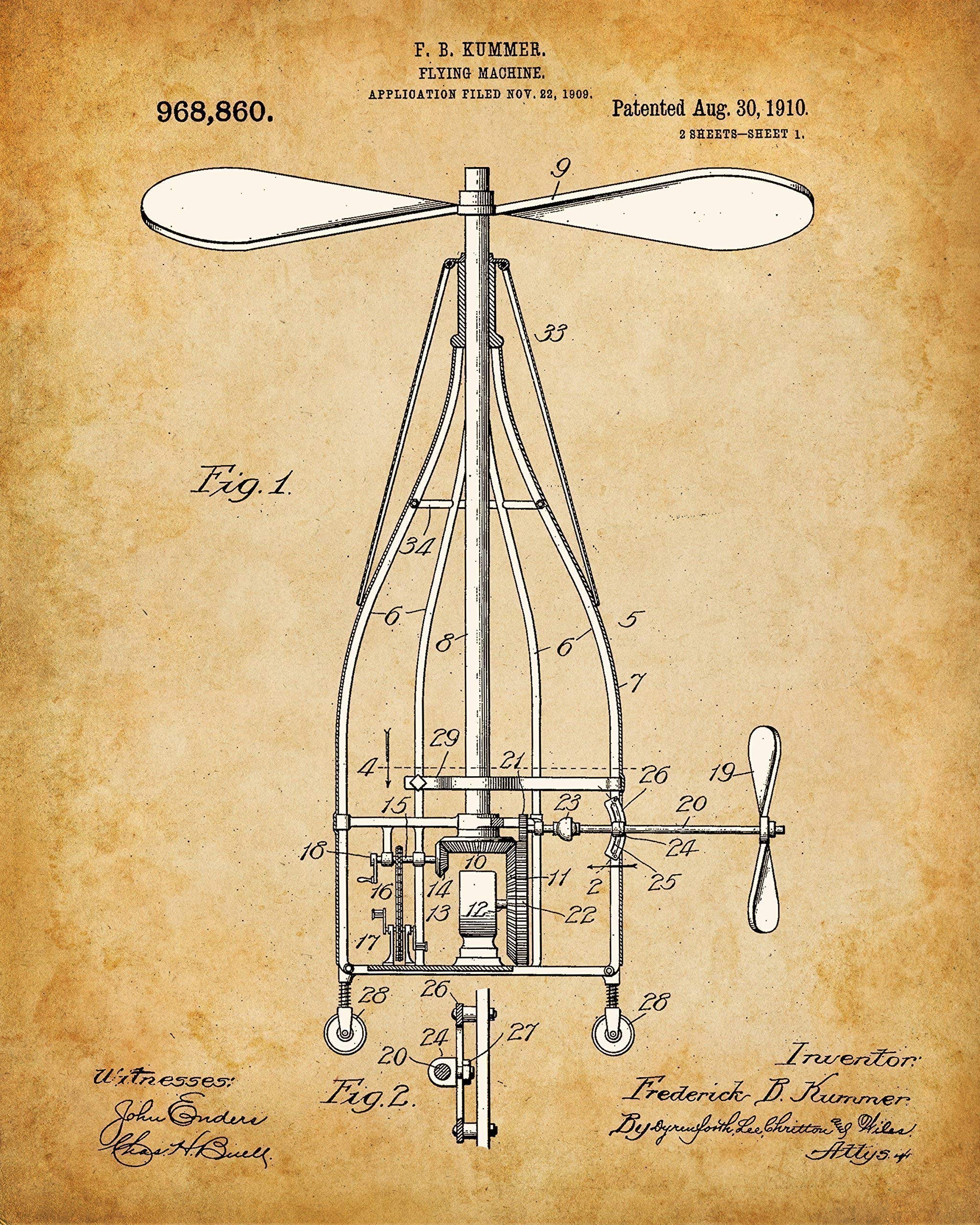 Original Flying Machines Patent Prints - Set of Four Photos (8x10) Unframed - Makes a Great Home or Man Cave Decor and Gift Under $20 for Engineers and Pilots