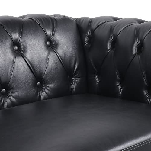 wirrytor Chesterfield Classic Sofa, Modern Leather 3 Seater Sofa, Upholstered Tufted Back Settee Couch with Rolled Arms Nailhead Trim for Living Room Bedroom(Black)