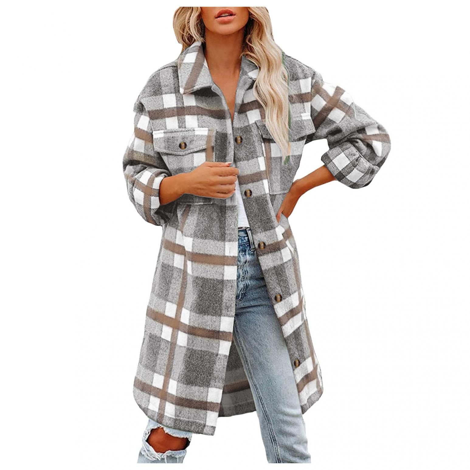 Mingleigo Womens Winter Coats Women's Plaid Brushed Shirt Jacket Flannel Shacket Button Loose Thickened Coat Plaid Shacket Womens-H8, X3-gray