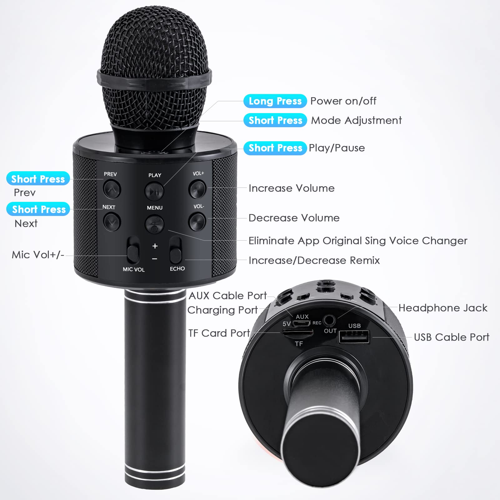 Sovvid Karaoke Microphone for Kids with Animal Stickers, Wireless Bluetooth Karaoke Mic for Singing, Portable Handheld Mic Speaker Player Machine, for Teens Adults All Age(Black)
