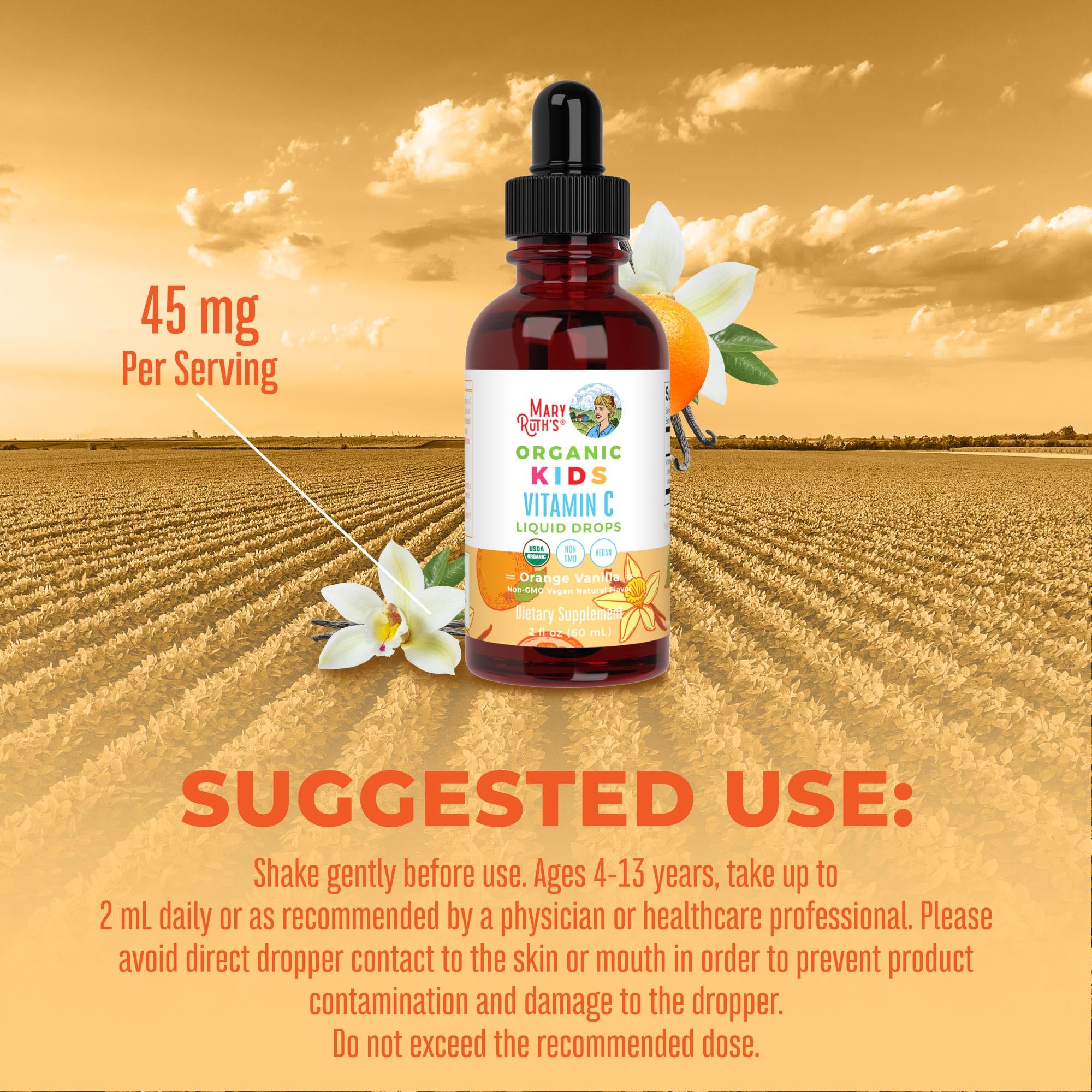 MaryRuth Organics USDA Organic Kids Vitamin C Drops | Vegan Vitamin C Immune Support Supplement for Ages 4-13 | Immune Support & Overall Health | Vitamin C from Organic Acerola Fruit Extract | 2oz