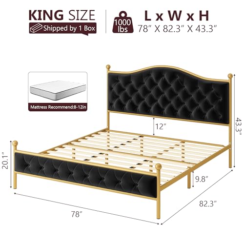 King Size Hand-Sewn Upholstered Platform Bed Frame with Button Tufted Headboard & Footboard, Modern Velvet Black Bed with Gold & Metal Frame and Solid Wood Slat/No Box Spring Needed/Easy Assembly